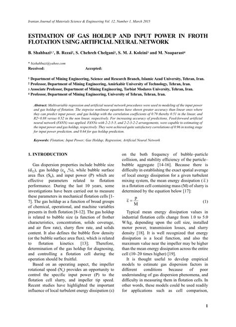 Pdf Estimation Of Gas Holdup And Input Power In Froth Flotation Using
