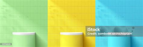 파스텔 노란색 파란색 녹색 벽 장면에 잎 그림자 오버레이가있는 사실적인 3d 실린더 스탠드 연단 세트 모형 제품 디스플레이를위한 추상적 인 최소 장면 무대 쇼케이스 벡터