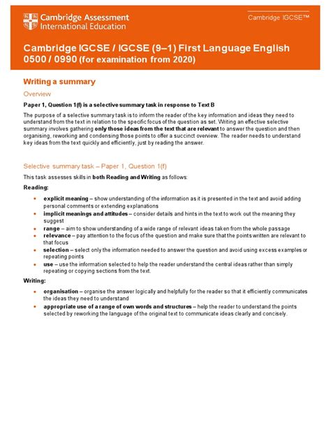 Cambridge Igcse Igcse 9 1 First Language English 0500 0990 Pdf Question Learning