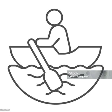 남자 얇은 선 아이콘 생태 관광 개념과 함께 카약 보트 벡터 그래픽입니다 물 위에 카누 보트를 탄 인간 흰색 배경에 카약 표지판 모바일 또는 웹 디자인에 대한 개요 스타일