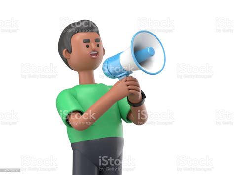발표를 위해 확성기를 사용하는 웃고 있는 잘생긴 아프리카 남자 데이비드의 3d 그림 흰색 배경에 3d 렌더링 Publicity Event에 대한 스톡 사진 및 기타 이미지