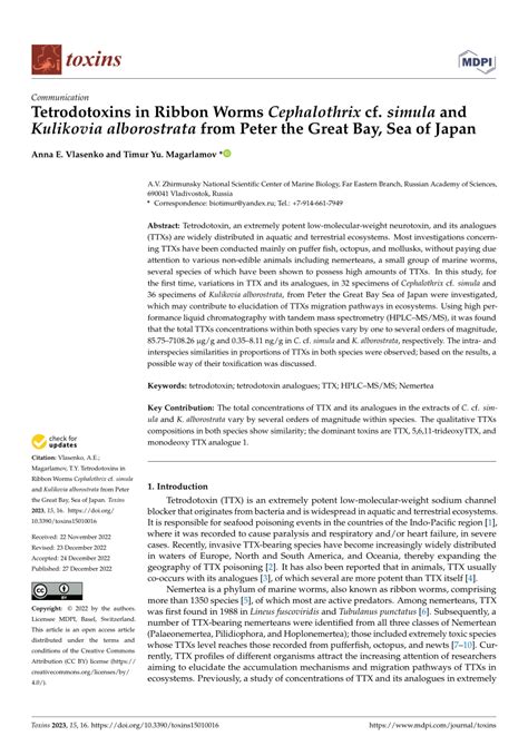 Pdf Tetrodotoxins In Ribbon Worms Cephalothrix Cf Simula And