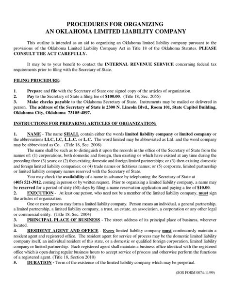 Oklahoma Llc Articles Of Organization Pdf