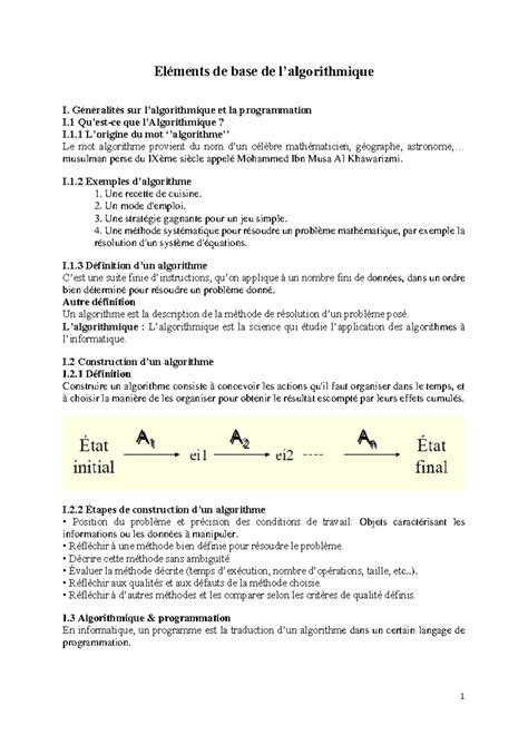 Cours Algo S1 Mip 23 24 Eléments De Base De Lalgorithmique I