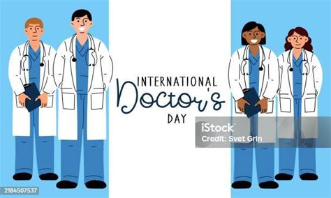 국제 의사의 날 휴일 인사말 문자 다양한 국적의 캐릭터 다양성 청진기를 가득 갖춘 남녀 플랫한 디자인의 엽서 행복한 의사의 날 벡터 간호사에 대한 스톡 벡터 아트 및 기타