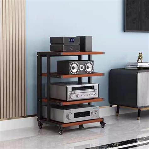 4 Tier Blackteak Audio Stand Hifi Rack With Brake Wheel Av Cabinet For