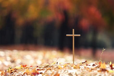 붉게 떨어지는 아름다운 가을 숲에서 낙엽 더미에 예수 그리스도의 십자가 처형 프리미엄 사진