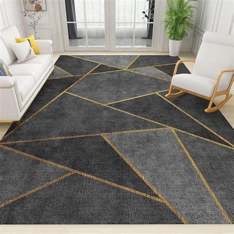 Modern Black Geometric Gold Thread Area Rug Abstract Grey European