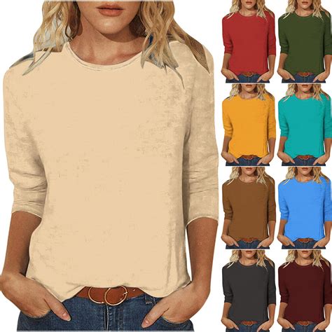 Eryao Womens Solid Color T Shirts Loose Basic 34 Sleeve Tees Shirt
