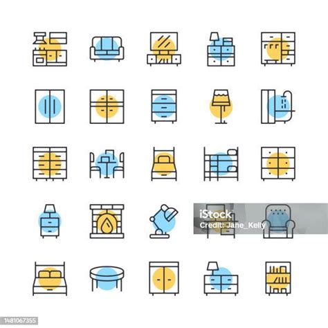 가구 라인 아이콘입니다 가정용 가구 아이콘의 집합입니다 검정 파랑 및 노랑 색상 현대 선형 개요 그래픽 디자인 벡터 선 아이콘 세트 0명에 대한 스톡 벡터 아트 및 기타