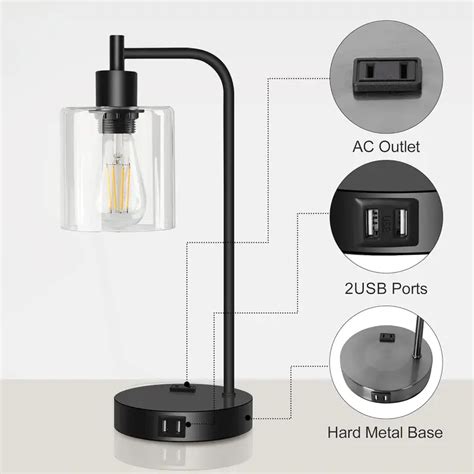 산업용 터치 컨트롤 테이블 램프2 Usb 포트 및 Ac 콘센트 전구가있는 3 방향 밝기 Temu