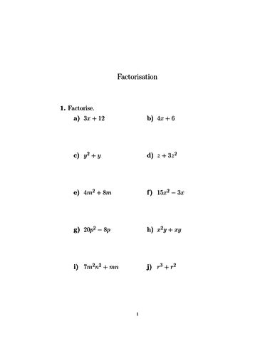 Factorisation Worksheet With Solutions Teaching Resources
