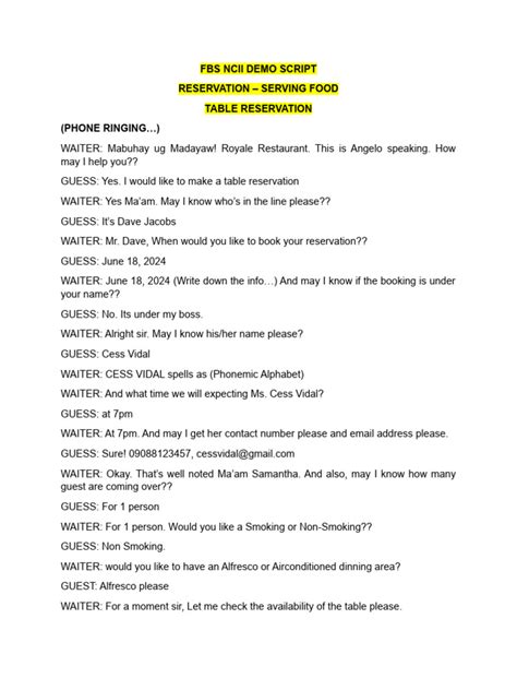 Fbs Ncii Demo Script 2 1 Pdf Waiting Staff Wine