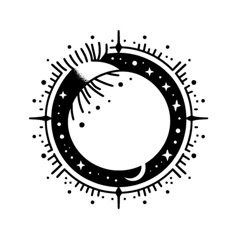 Celestial Black White Circular Illustration Crescent Moon Sunburst Stars And Compass Rose