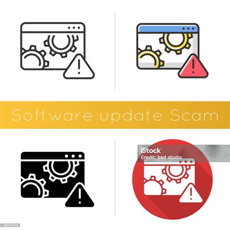 소프트웨어 업데이트 사기 아이콘 가짜 시스템 프로그램 업그레이드 악성 코드 사기성 팝업 광고 금융 사기 사기 성 계획 플랫 디자인 선형 및 색상 스타일 격리된 벡터