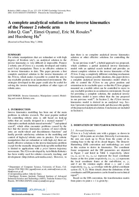 Pdf A Complete Analytical Solution To The Inverse Kinematics Of The Pioneer 2 Robotic Arm
