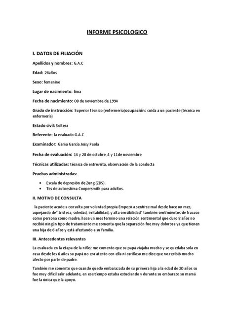 Informe Psicologico Terminado Final Pdf Depresión Estado De ánimo