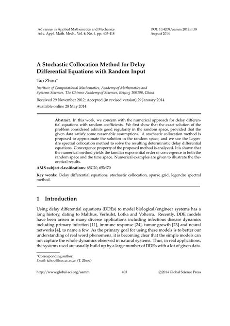 Pdf A Stochastic Collocation Method For Delay Differential Equations With Random Input