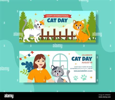 Cat Day Horizontal Banner Flat Cartoon Hand Drawn Templates Background