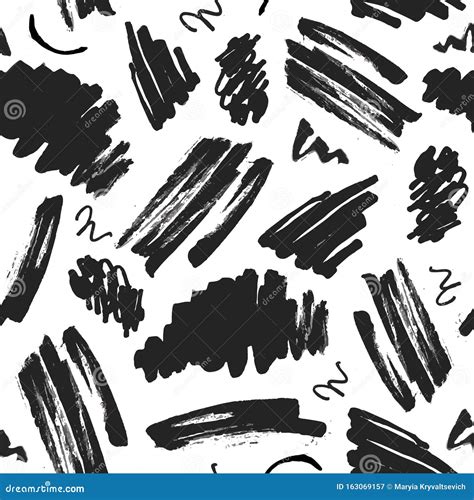 Vector Abstract Black Brush Hand Drawn Seamless Pattern Monochrome Grunge Texture Brushstroke
