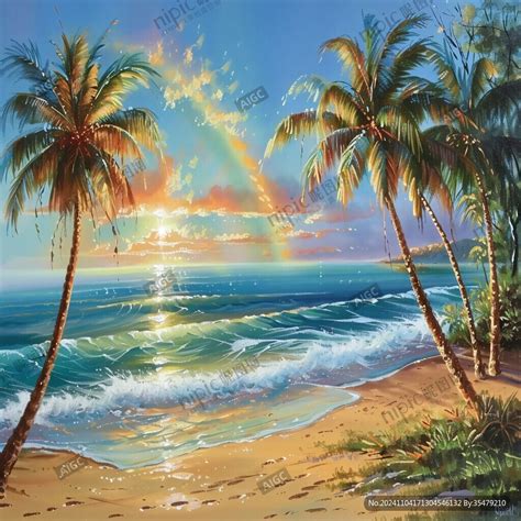 Ai创作图夏威夷海滩油画 海边落日插画 海滩风景画 海滨风景画 海边风景画 沙滩风景画 海边晚霞油画 海滨风光画 海滨风光风景画 海景风景画 唯美海岸风景插画 海岸风景画 海上日出油画 日出