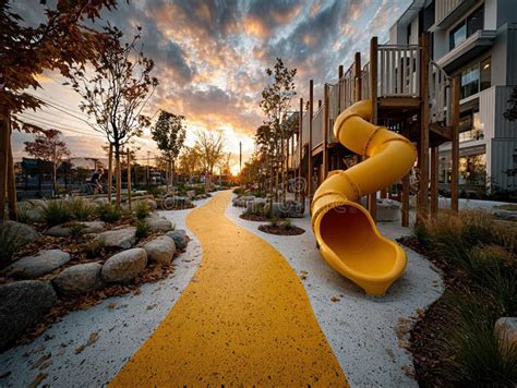 Winding Yellow Path Accessible Playground Bright Slides Wide
