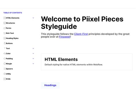 Piixel Pieces Styleguide Webflow