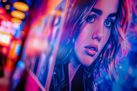 Vibrant Neon Lights Portraying Modern Woman in Urban Nightlife Setting with Intense Gaze and ...