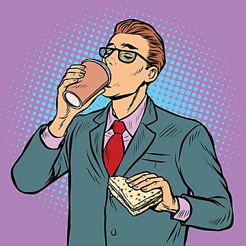 Man Drinking Coffee And Eating Sandwich Eat Worker Lunch Vector Eat