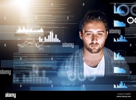 Tired Programmer And Coding With Statistics Overlay For Fintech App Or Reporting Software And