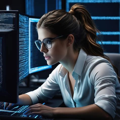 Premium Photo Photo Of A Young Woman Programmer Working With Lines Of Code On Multiple Screens