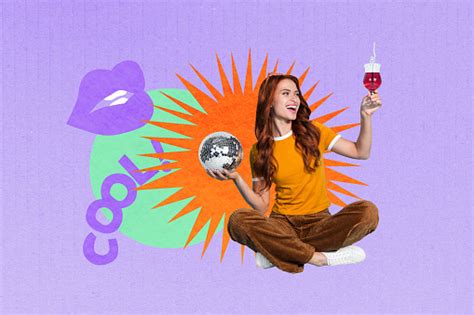 현대 미술 콜라주 행복 힙 스터 소녀 보류 칵테일 글라스 마실 것 디스코 볼 주말 편하게 하다 기회 환대 20 24세에 대한 스톡 사진 및 기타 이미지 Istock