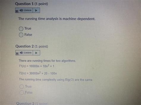 solved question 1 1 point listen the running time analysis