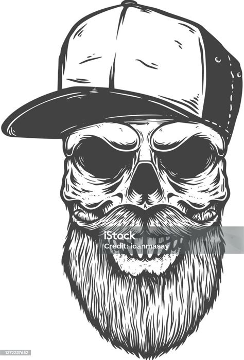 조각 스타일로 야구 모자에 수염 두개골의 그림 엠블럼 기호 포스터 카드 배너를 위한 디자인 요소 벡터 일러스트레이션 두개골에 대한 스톡 벡터 아트 및 기타 이미지 Istock