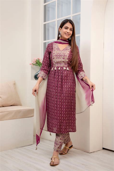 Wine Overlap Yoke Kurta Pant Dupatta Set Disha Dakshin