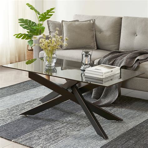 Rectangle Modern Coffee Table Tempered Glass Top And Metal Tubular Leg