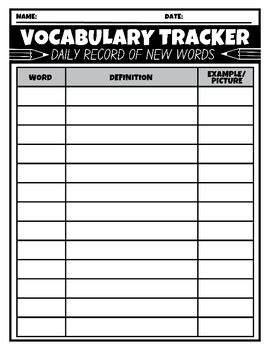 Vocabulary Tracker Word Definition Example Organizer By