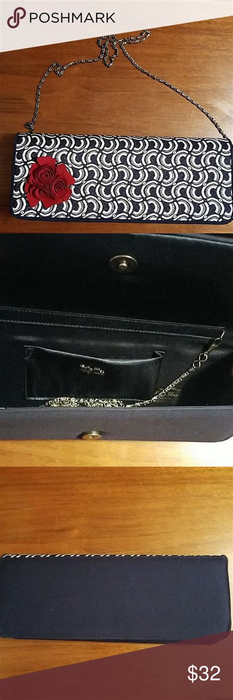 Ruby Shoo Clutch Purse Black And White Cloth With Red Flower