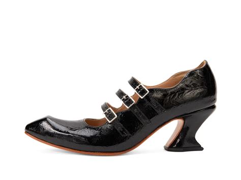 Bach Black Emboss Triple Strap Mary Jane Heels Fluevog Shoes