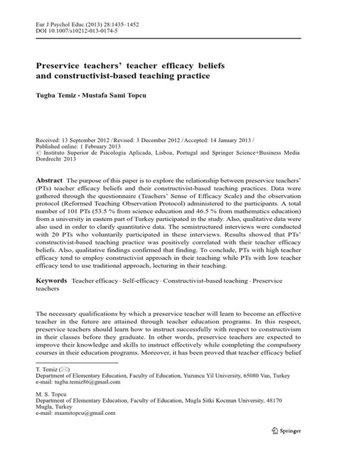 Preservice Teachers Teacher Efficacy Beliefs And Constructivist Based Teaching Practice Pdf