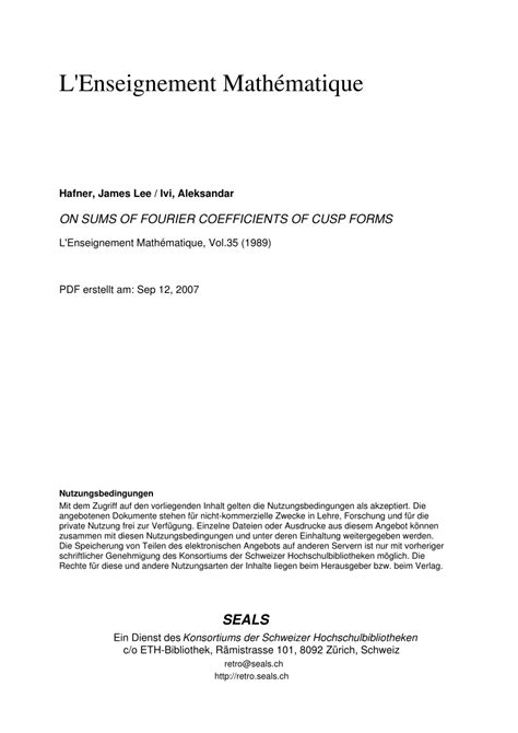 Pdf On Sums Of Fourier Coefficients Of Cusp Forms
