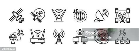 무선 위성 기술 얇은 선 아이콘 세트입니다 위성 접시 안테나 타워 통신 연결 인터넷 서버 라우터 신호 국제 궤도 통신을 포함합니다 벡터 일러스트 레이 션 0명에 대한 스톡