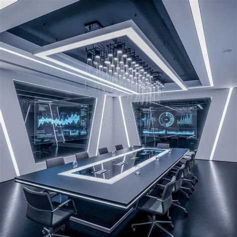 Futuristic High Tech Conference Room With Digital Data Displays And