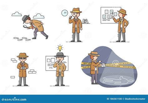 Private Detective Concept Set Of Young Cartoon Detectives With Tools