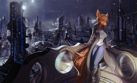 Wallpaper Fox Girl Kitsunemimi Women Furry City Lights Noir Night Anthro 4000x2442