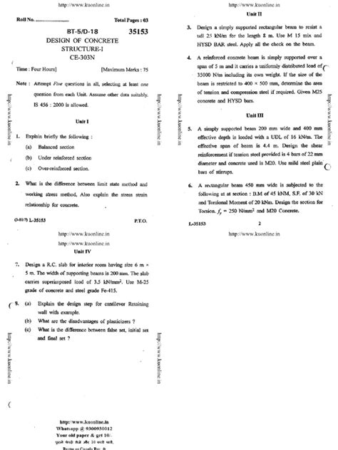 Btech Ce 5 Sem Design Of Concrete Structure 1 35153 Dec 2018 Pdf