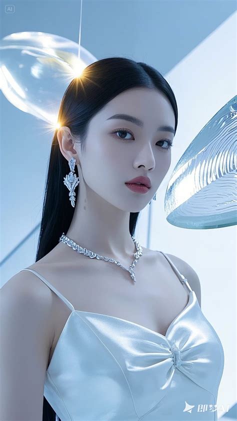 亚洲女性身穿白色光泽礼服正面站立，55mm镜头大光圈拍摄，冷白皮肌肤细腻透亮，发丝与轮廓光呈现金色光晕，背景纯白超现实渐变玻璃装饰漂浮，珠宝耳饰与项链点缀贵气，蓝 8 花瓣网
