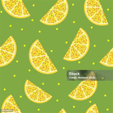 노란색 오렌지 과일 슬라이스와 매끄러운 패턴 트렌디 한 인쇄 직물 포장지 섬유 린넨에 대한 녹색 배경에 여러 가지 색상의 원으로 구성되어 있습니다 벡터 그림입니다 0명에