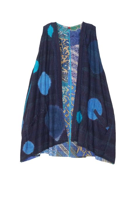 Patch And Circle Print Kantha Bell Shape Long Vest Pc2225 Blu Mieko