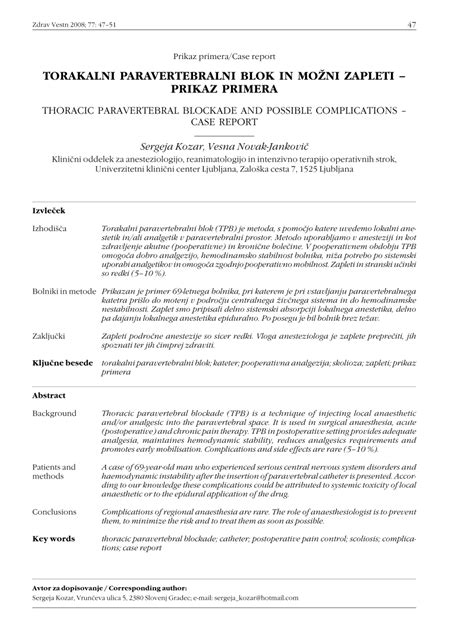 Pdf Thoracic Paravertebral Blockade And Possible Complications Case Report